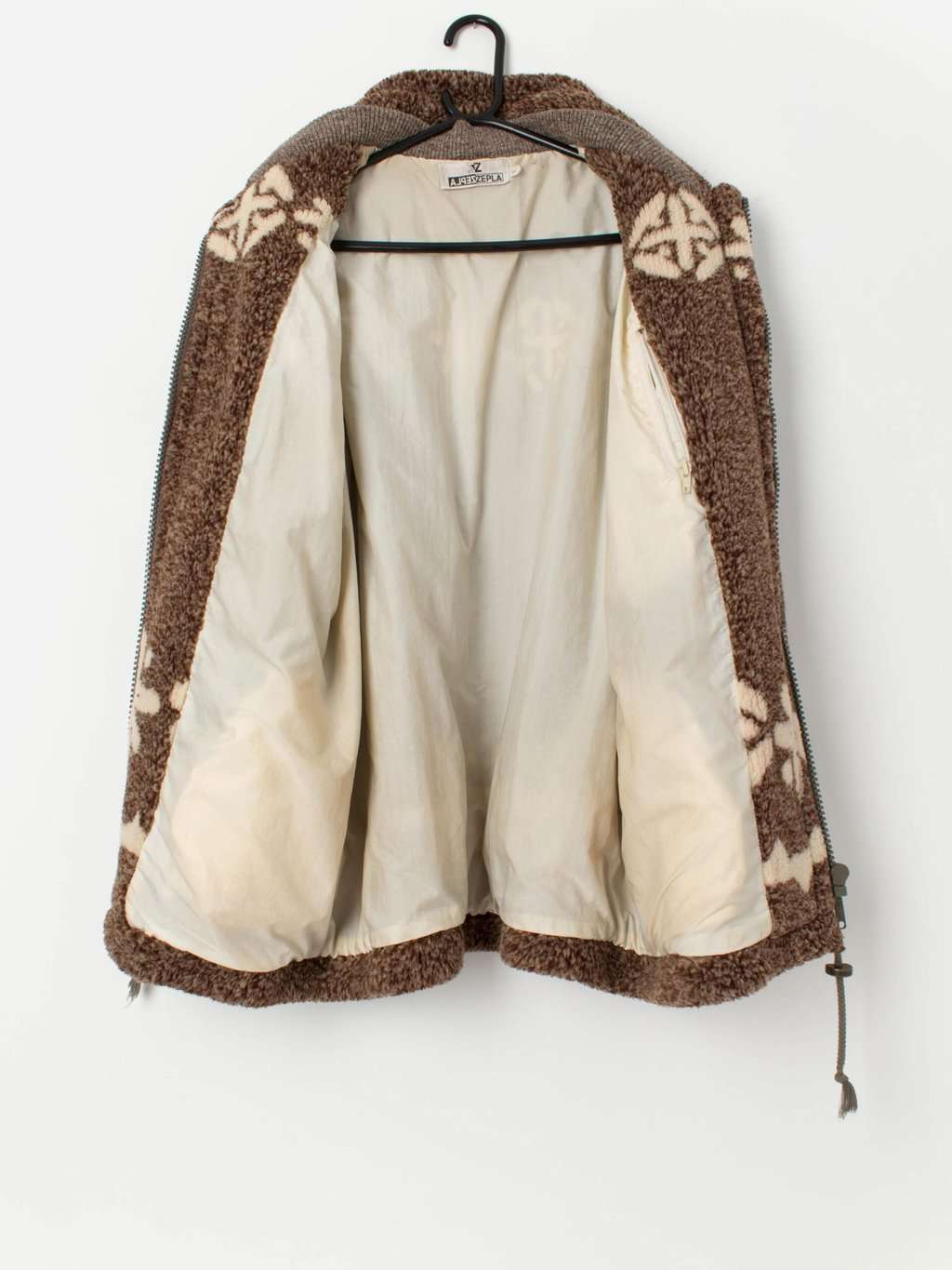 90s vintage borg fleece in brown with geometric pattern, cosy fluffy mens jacket - Large | St ...